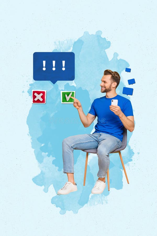 Vertical Collage Image of Positive Guy Sitting Chair Use Smart Phone ...