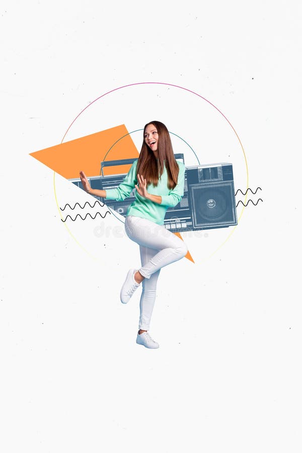 Vertical Collage Image of Positive Nice Mini Girl Dancing Partying Big ... Vertical Collage Image of Positive Nice Mini Girl Dancing Partying Big ...