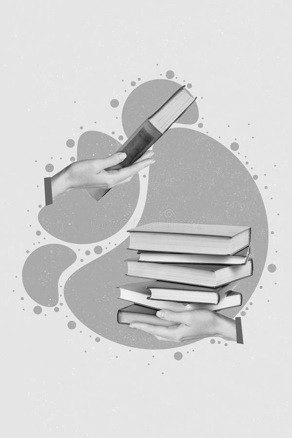Vertical Collage Image of Two Black White Arms Hold Pile Stack Book ...