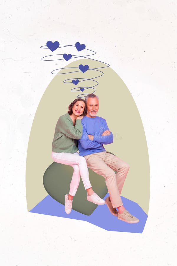 Vertical Collage Image of Two Idyllic Aged People Cuddle Drawing Hearts ...