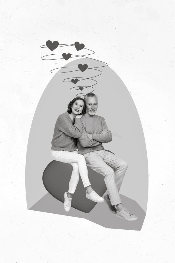 Vertical Collage Image of Two Idyllic Aged People Cuddle Drawing Hearts ...
