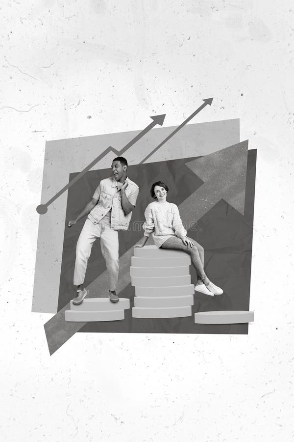 Vertical Collage Image of Two Positive Mini People Stand Sit Big Pile ... Vertical Collage Image of Two Positive Mini People Stand Sit Big Pile ...