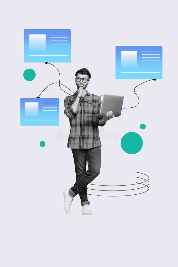 Vertical Collage Image Young Thoughtful Man Employee Web Interface ...