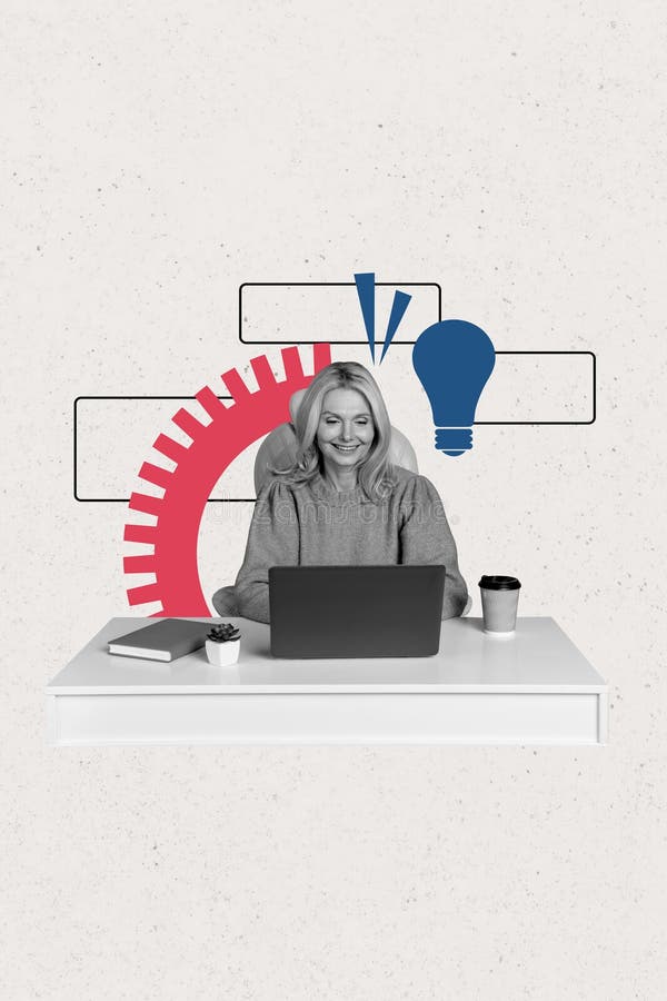 Vertical Collage Mature Woman Boss Sit Workspace Armchair Laptop Remote Work Idea Lightbulb Lamp ...