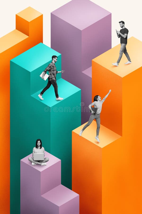 Vertical Collage of Mini Black White Effect People Use Netbook Smart ...