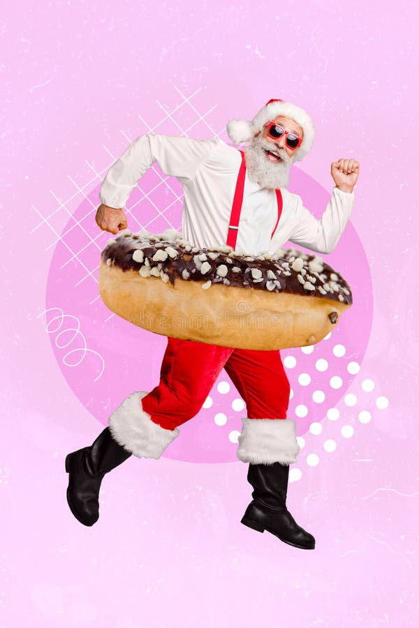 Vertical Collage of Overjoyed Positive Aged Santa Huge Donut Waist ... Vertical Collage of Overjoyed Positive Aged Santa Huge Donut Waist ...
