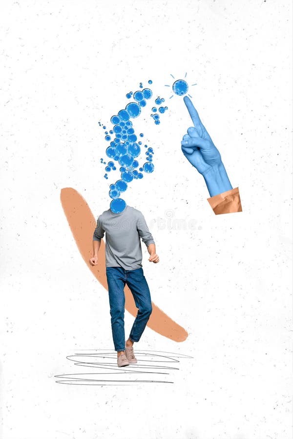 Vertical Collage Picture of Blue Arm Point Finger Bright Mind Bubble ...