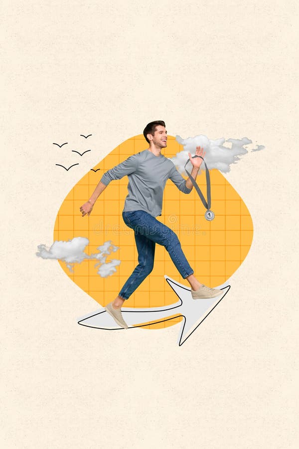 Vertical Collage Picture of Cheerful Delighted Guy Running Arrow ...