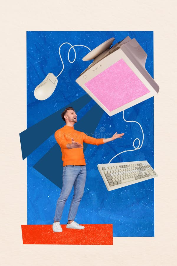 Vertical Collage Picture of Cheerful Mini Guy Arms Catch Falling Big ...