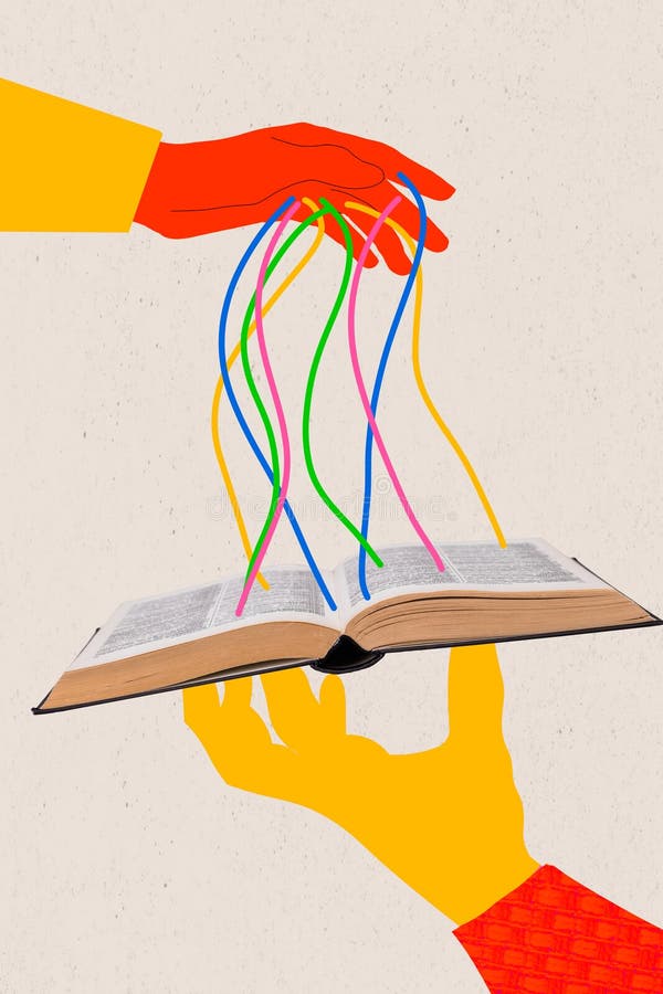 Vertical Collage Picture of Drawing Human Arms Hold Absorb Book ...