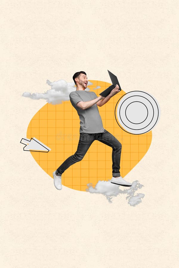 Vertical Collage Picture of Excited Guy Jump Run Use Netbook Arrow ...