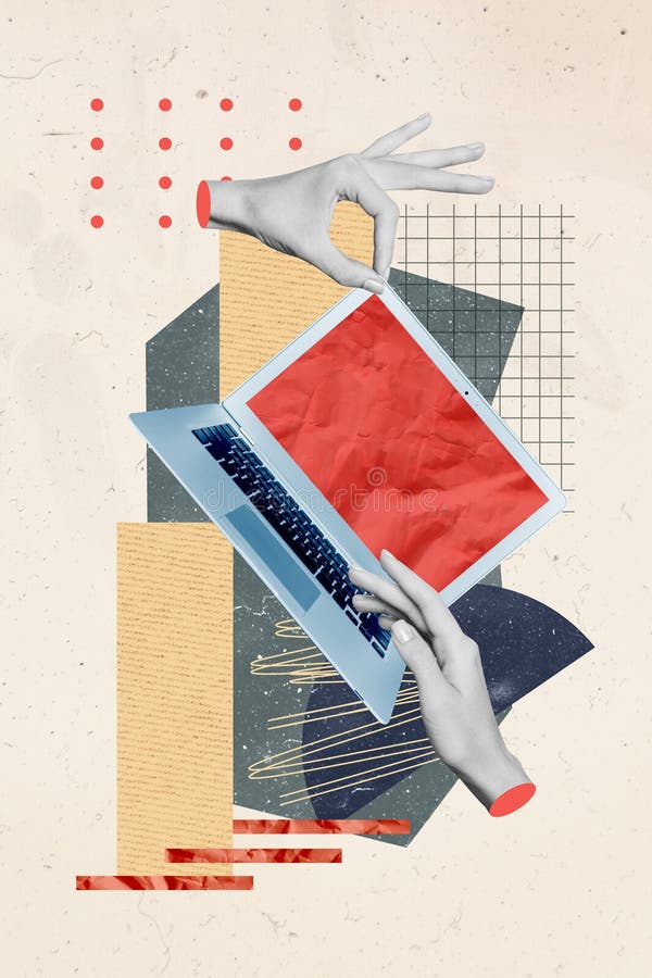 Vertical Collage Picture Human Arms Holding Laptop Modern Technology ...