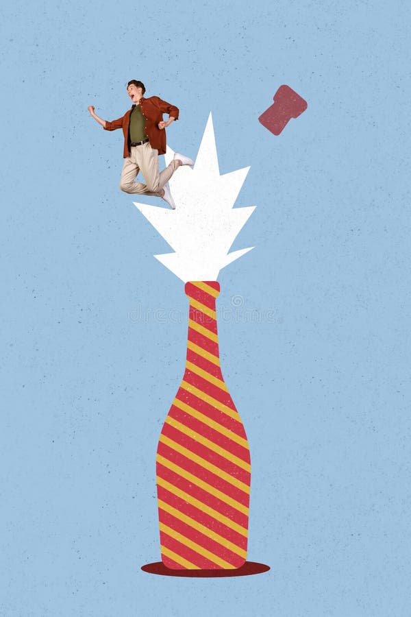 Vertical Collage Picture of Overjoyed Excited Guy Flying Champagne Cork ... Vertical Collage Picture of Overjoyed Excited Guy Flying Champagne Cork ...