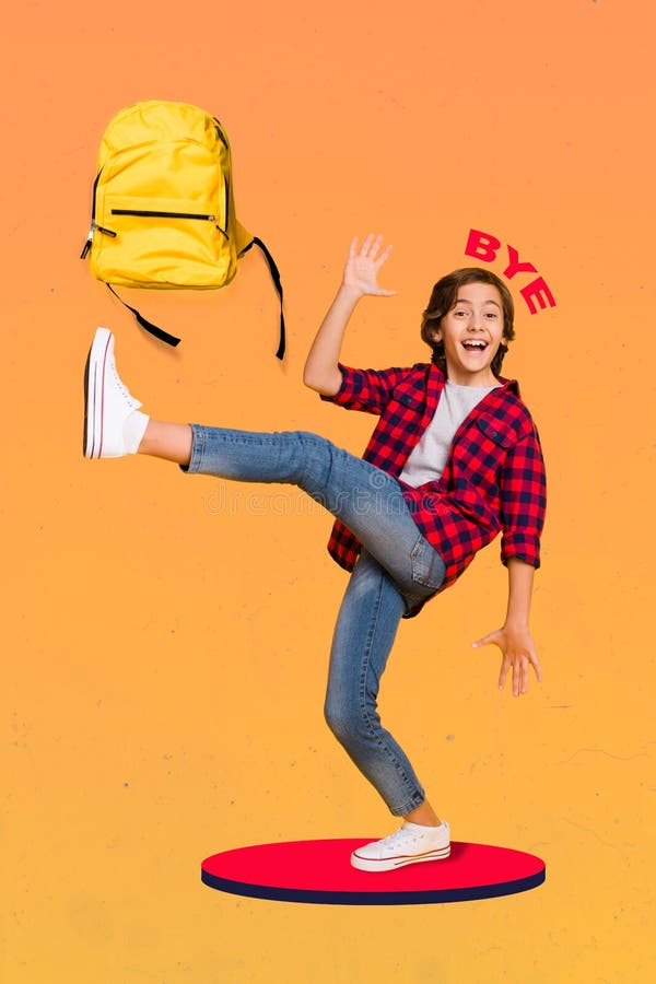 Vertical Collage Picture of Overjoyed Positive Boy Arm Palm Waving Bye ...