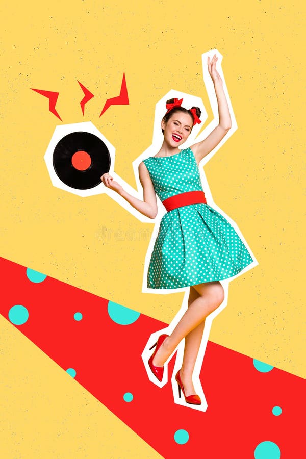 Vertical Collage Picture of Overjoyed Positive Girl Arm Hold Vinyl ... Vertical Collage Picture of Overjoyed Positive Girl Arm Hold Vinyl ...