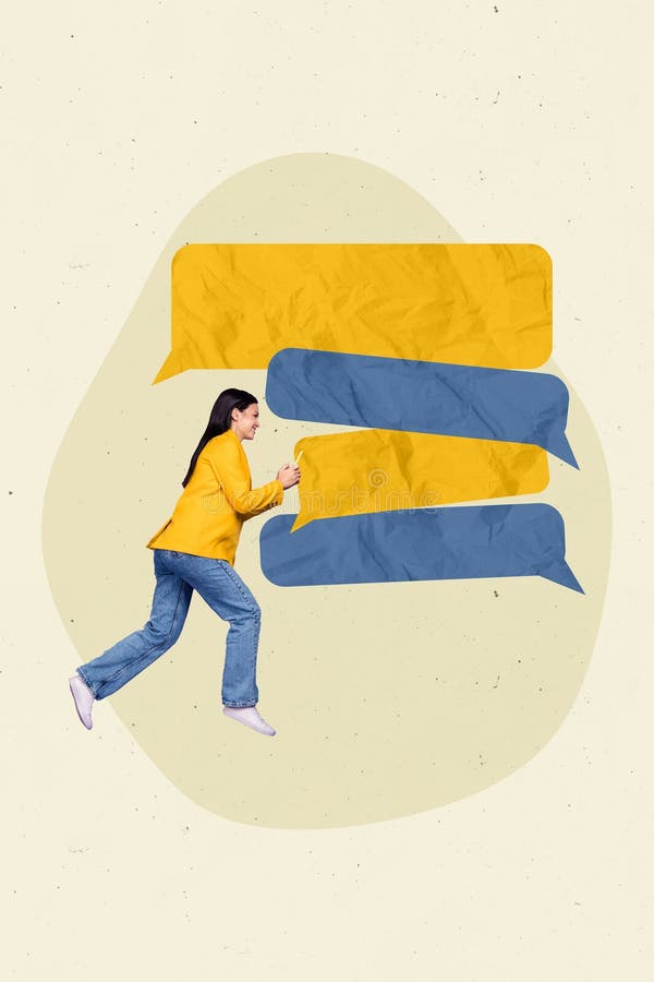 Vertical Collage Picture of Positive Mini Running Girl Use Smart Phone ... Vertical Collage Picture of Positive Mini Running Girl Use Smart Phone ...