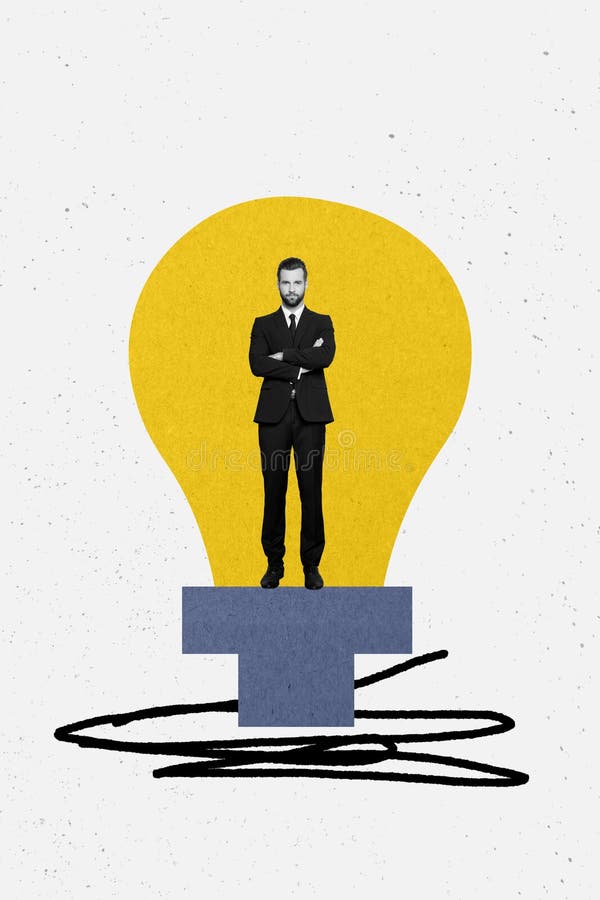 Vertical Collage Picture Standing Young Successful Man Crossed Hands ...