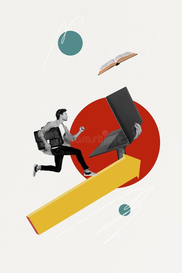 Vertical Collage Picture Young Man Run Arrow Direction Forward Up ...