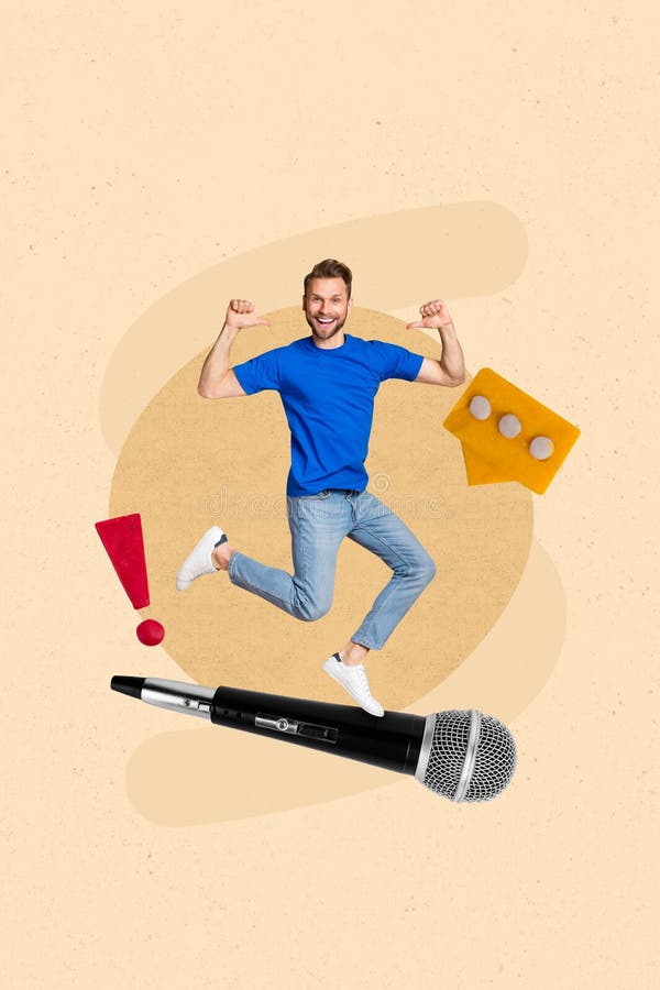 Vertical Collage Portrait of Excited Mini Guy Point Fingers Himself Big ...