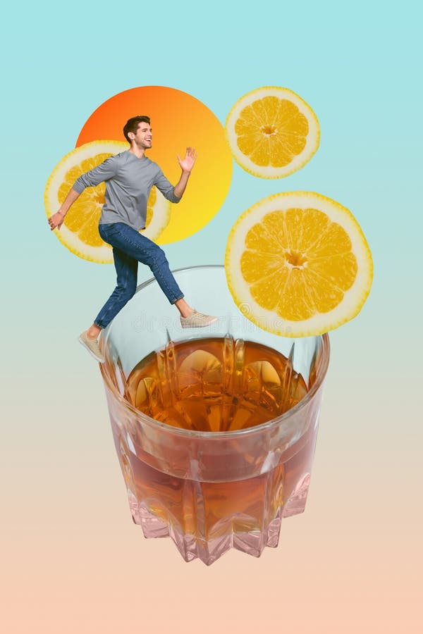 Vertical Collage Portrait of Mini Positive Guy Walk Huge Whiskey Glass ... Vertical Collage Portrait of Mini Positive Guy Walk Huge Whiskey Glass ...