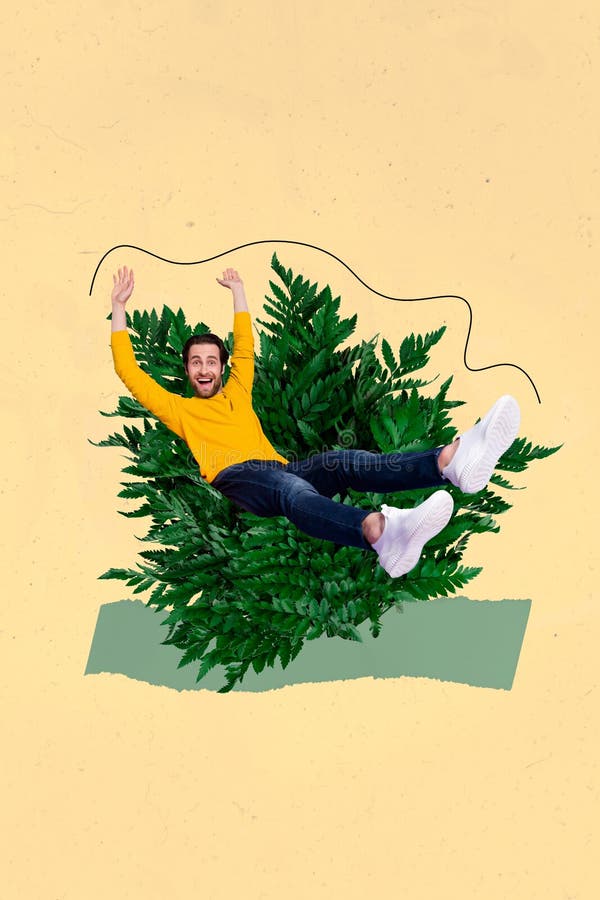 Vertical Collage Portrait of Overjoyed Positive Mini Guy Sit Green Bush ... Vertical Collage Portrait of Overjoyed Positive Mini Guy Sit Green Bush ...