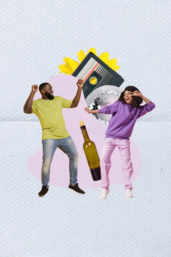 Vertical Collage Portrait Of Two Mini Carefree People Chilling Dancing