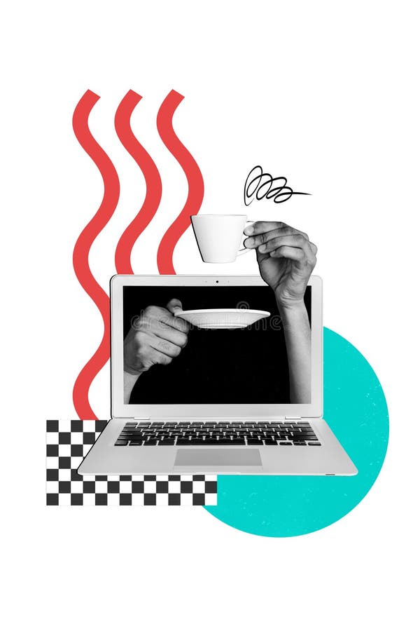 Vertical Collage Poster Laptop Computer Gadget Arms Drink Coffee Tea ...