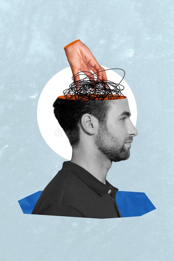 Vertical Collage Poster Young Man Half Head Brain Control Psychedelic ...