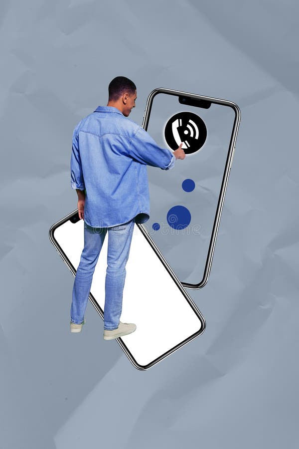 Vertical Collage Standing Young Man Answer Call Smartphone Touchscreen ...