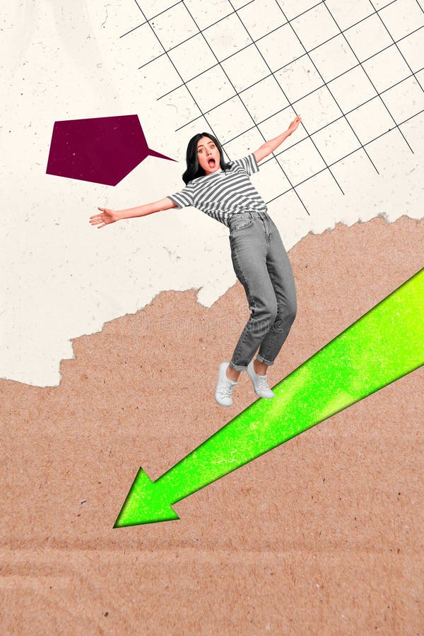Vertical Collage of Terrified Impressed Girl Balancing Falling Arrow Pointer Down Dialogue ...