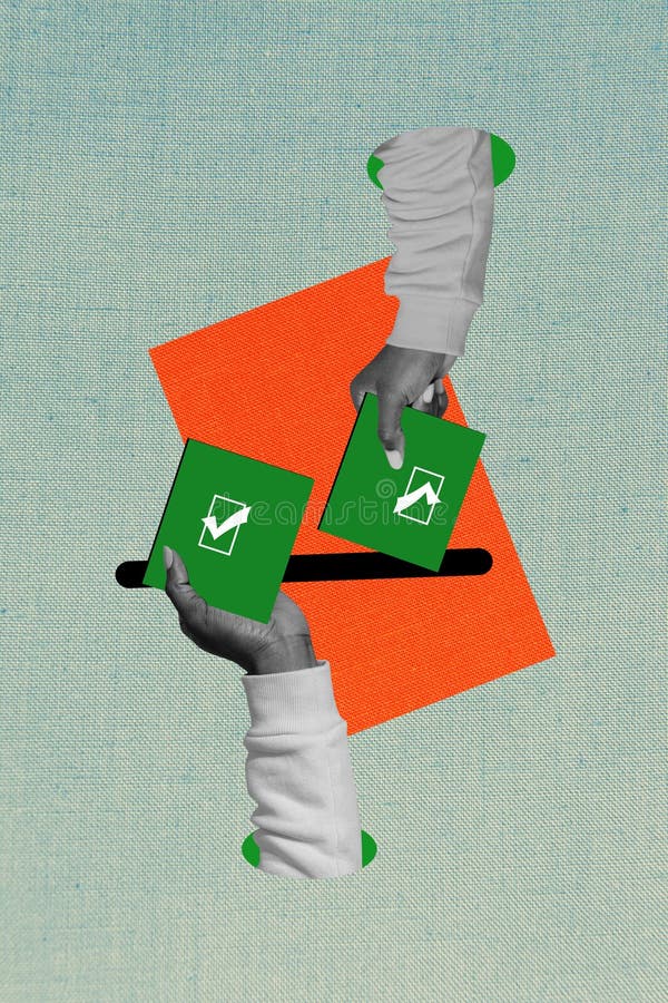 Vertical Collage Two Hands Hold Bulletins Checkbox Done Complete ...