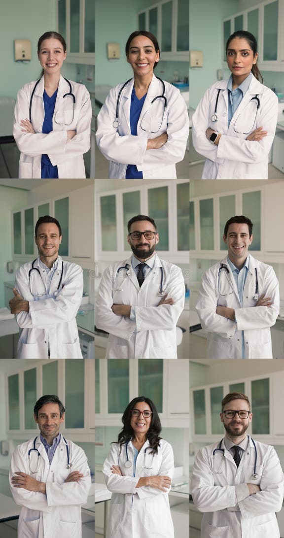 Vertical Collage View Group of Multinational Doctors Posing in Clinic ...