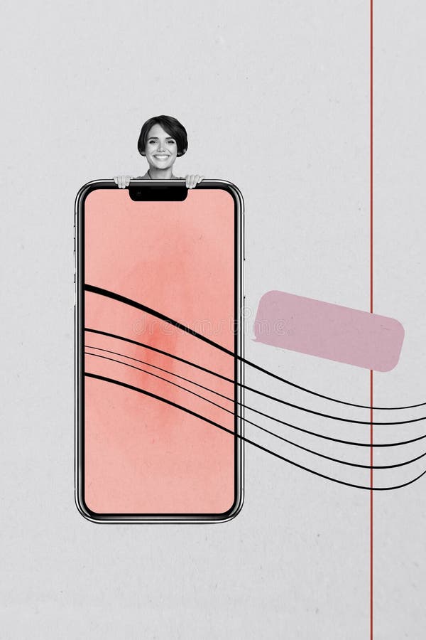 Vertical Collage Young Cheerful Girl Hide Smartphone Digital Device ...