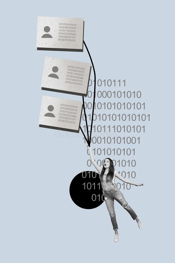 Vertical Collage Young Girl Raise Upwards Hold Rope Flight Internet ...