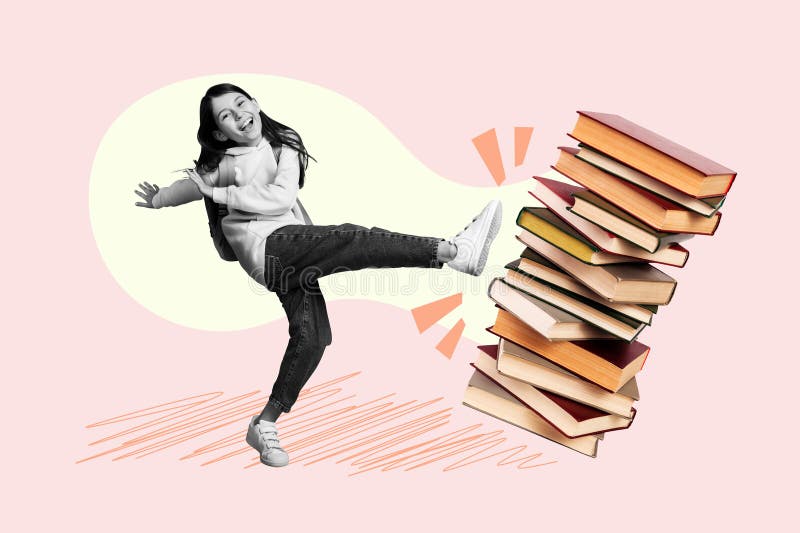 Vertical Composite Collage Image Picture of Girl Kick Big Pile Stack ...