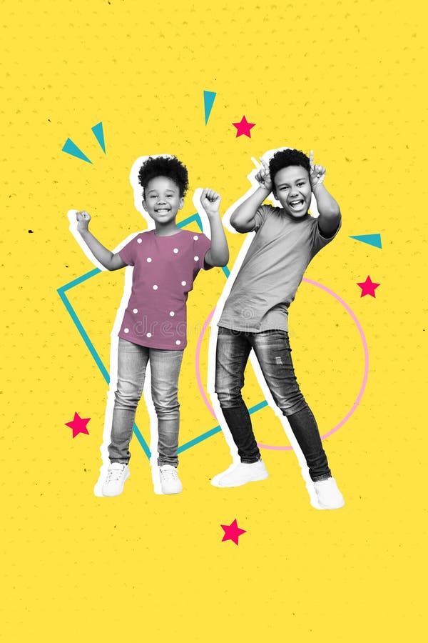 Vertical Composite Collage Image Picture of Two Excited Kids Dance ...
