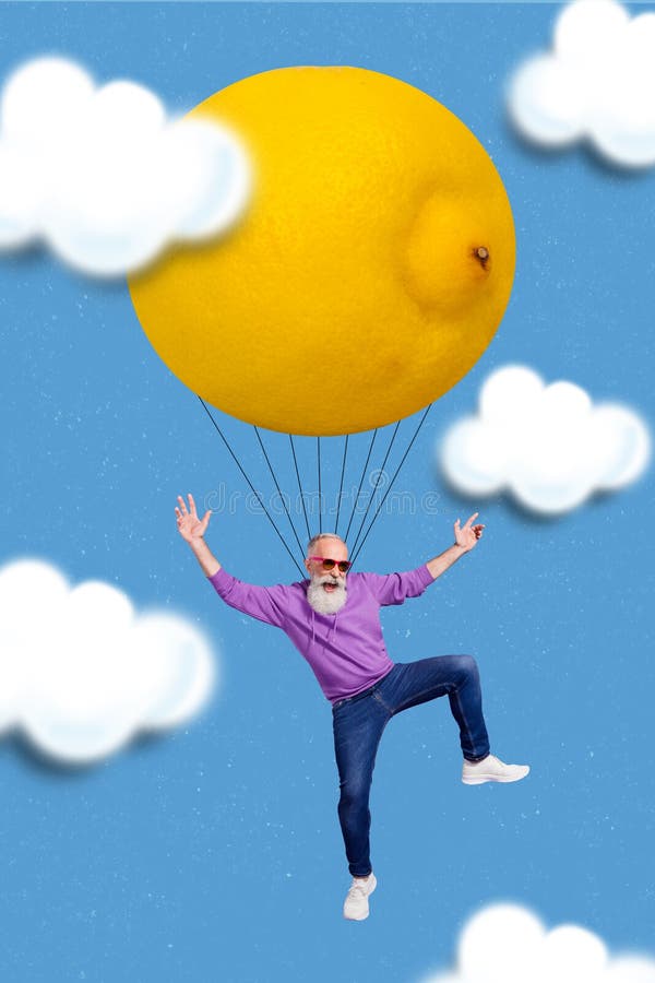 Vertical Composite Collage Overjoyed Positive Person Fly Huge Lemon ... Vertical Composite Collage Overjoyed Positive Person Fly Huge Lemon ...