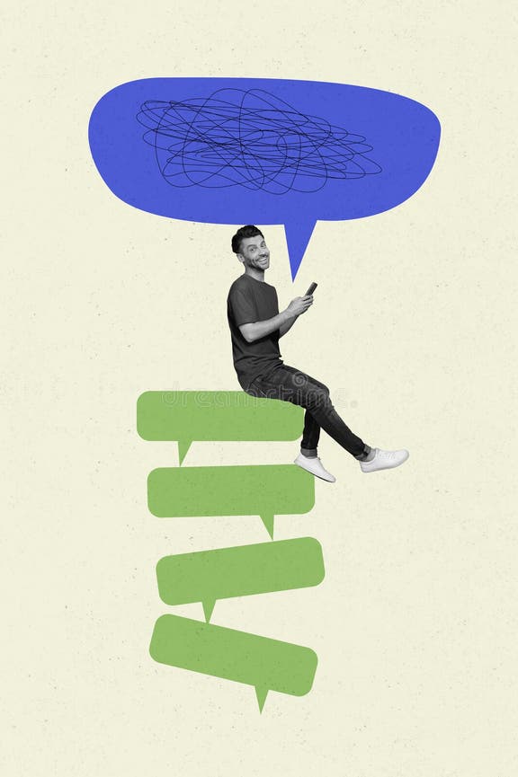 Vertical Composite Collage Picture Image of Mini Guy Use Phone Pile ...