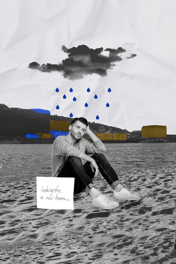 Vertical Composite Collage Picture of Sad Guy Sit Sand Looking for a ...