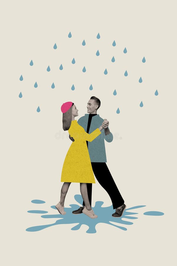 Vertical Composite Creative Illustration 3d Photo Collage Of Nice Couple Dancing In Rain On