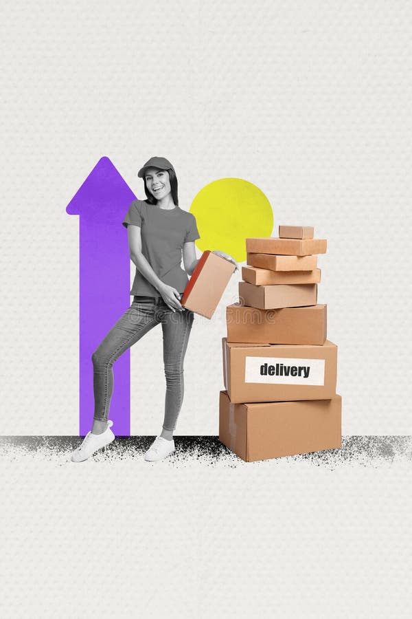 Vertical Composite Image Photo Collage of Young Smiling Postwoman Hold ...