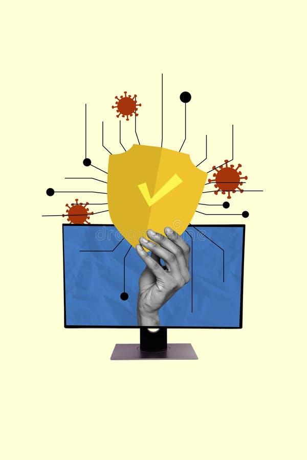 Vertical Composite Photo Collage of Hand Hold Shield in Computer Screen ...