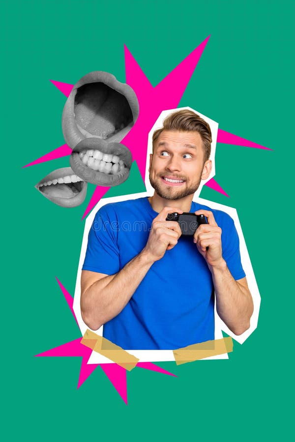 Vertical Creative Collage Illustration Photo Of Impressed Amazed Man