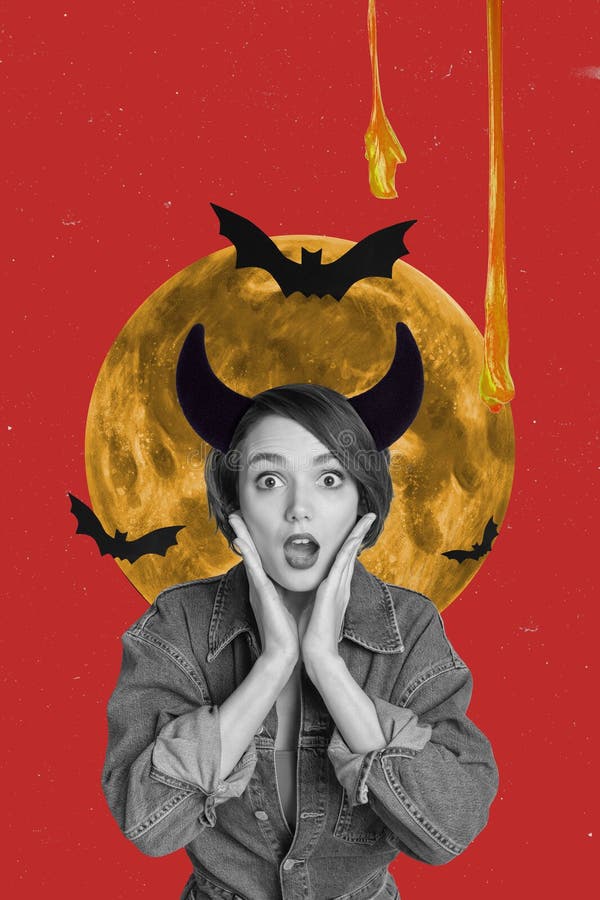 Vertical Creative Collage Image of Amazed Surprised Female Devil Demon ...