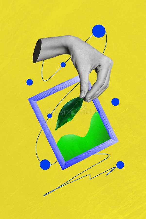 Vertical Creative Collage Image Black White Effect People Hold Leaf Arm ...