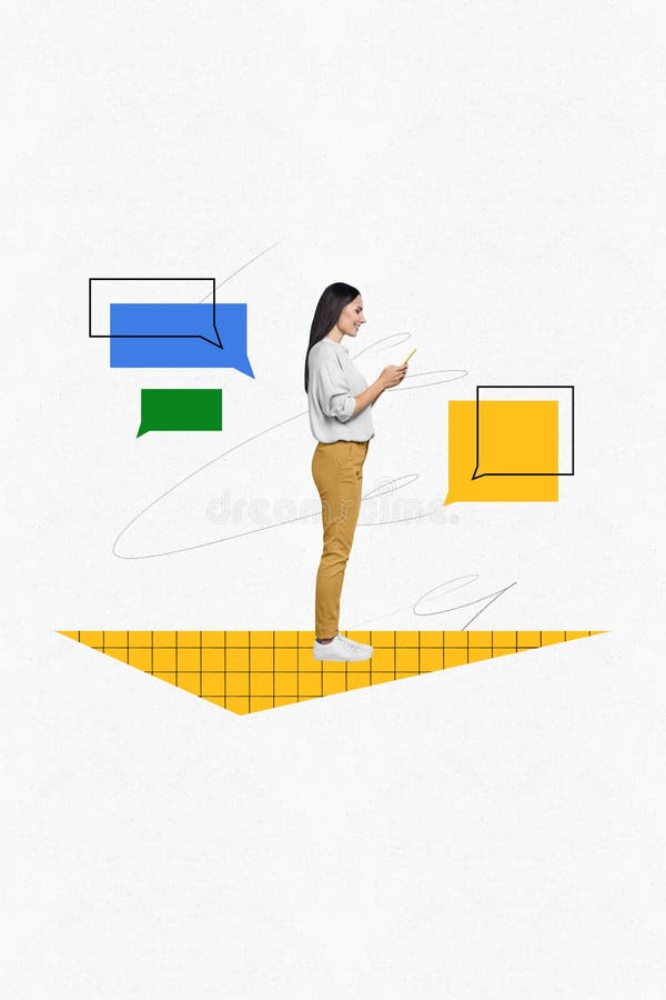 Vertical Creative Collage Image Cheerful Happy Young Lady Chat Mobile ...