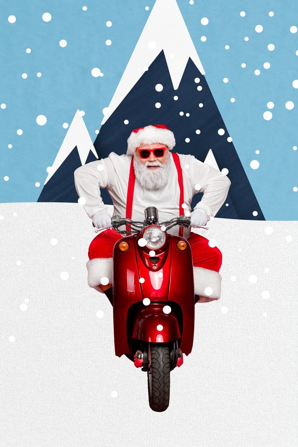 Vertical Creative Collage Image of Funny Santa Claus Driving Scooter ... Vertical Creative Collage Image of Funny Santa Claus Driving Scooter ...
