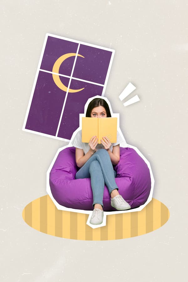 Vertical Creative Collage Image of Pretty Girl Student Sit Beanbag Read ...