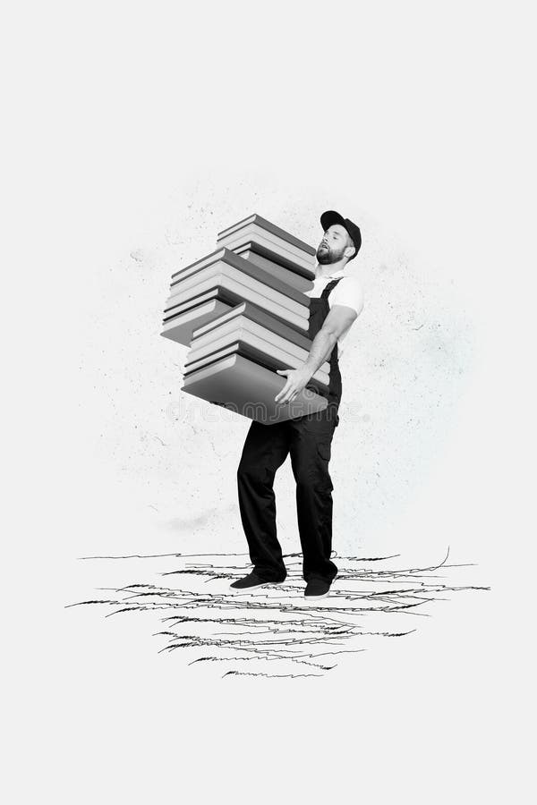 Vertical Creative Collage Young Man Courier Deliver Heavy Load Stack ...