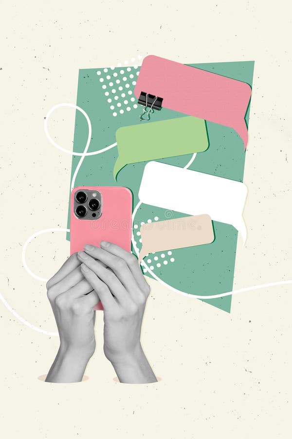 Vertical Creative Composite Artwork 3d Photo Collage of Arms Holding Smartphone Write Messages ...
